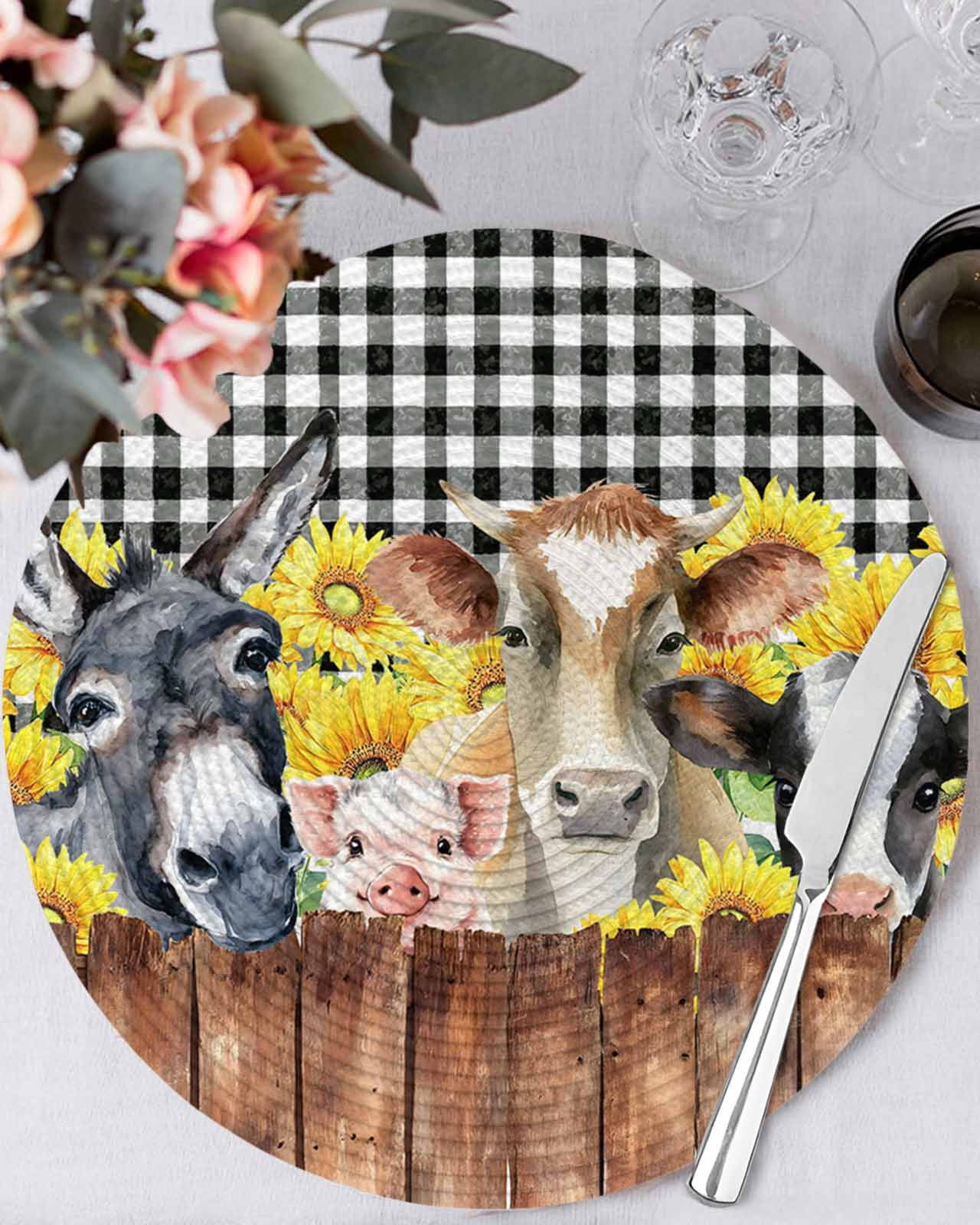 13 Inch Round Placemats Set of 6, Plaid Pig Cow Wooden Non Slip Heat ...