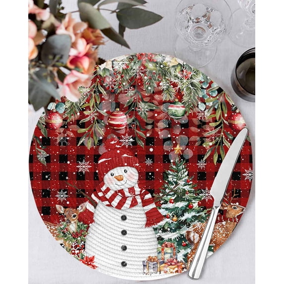 13 Inch Round Placemats Set of 6, Red Black Plaid Christmas Non Slip ...