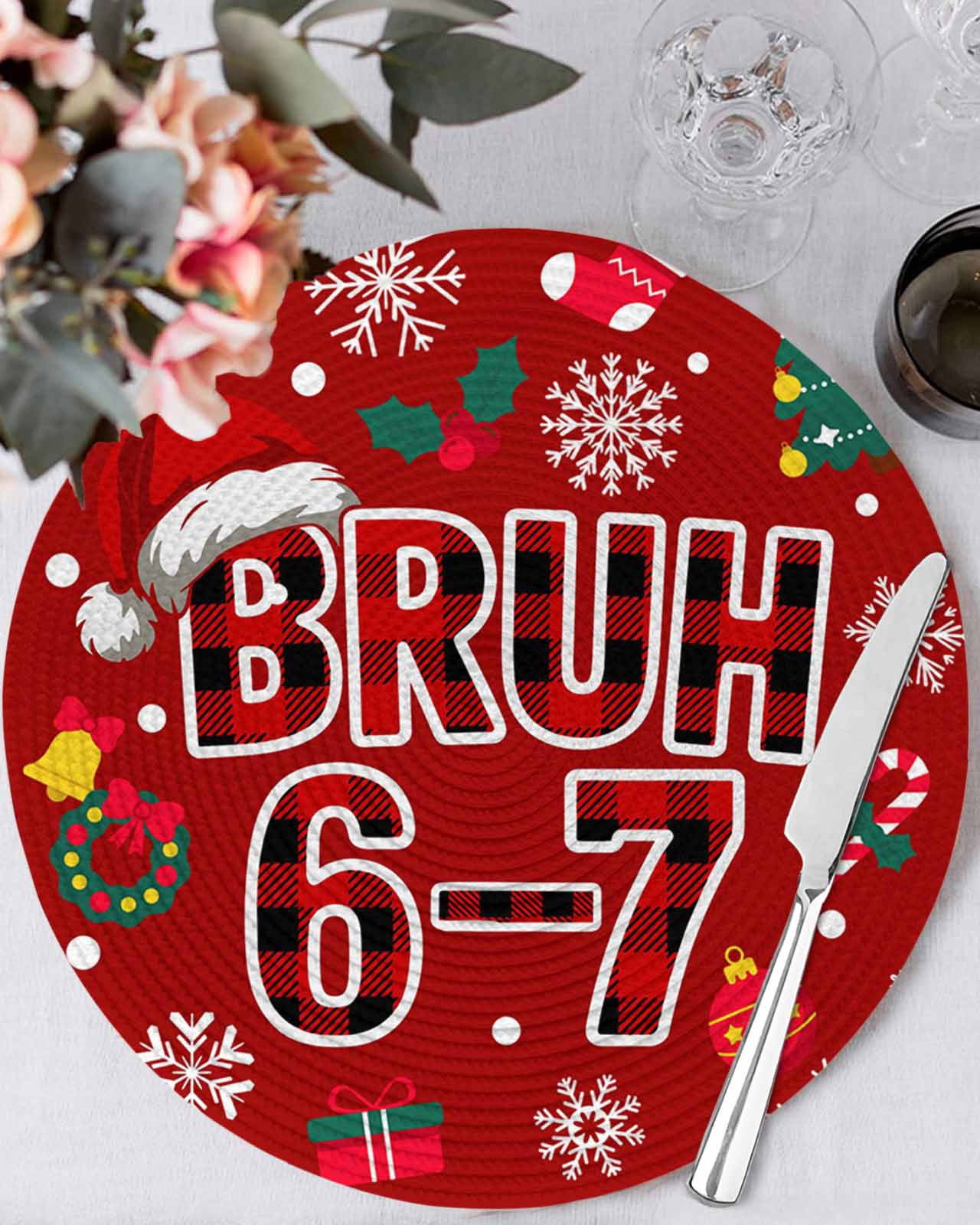 13 Inch Round Placemats Set of 6, Red Christmas Non Slip Heat ...