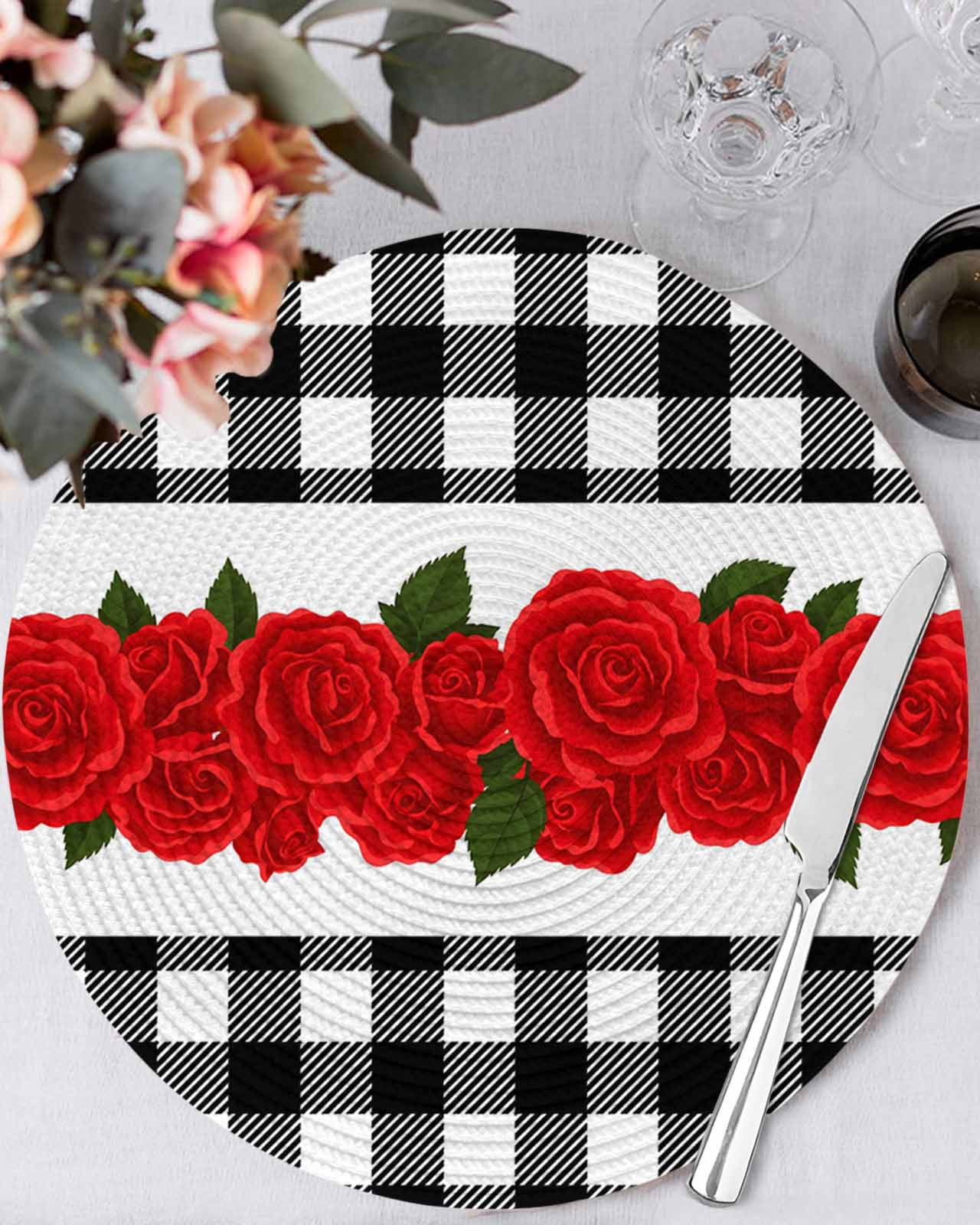13 Inch Round Placemats Set of 6, Red Roses Non Slip Heat Insulation PP ...