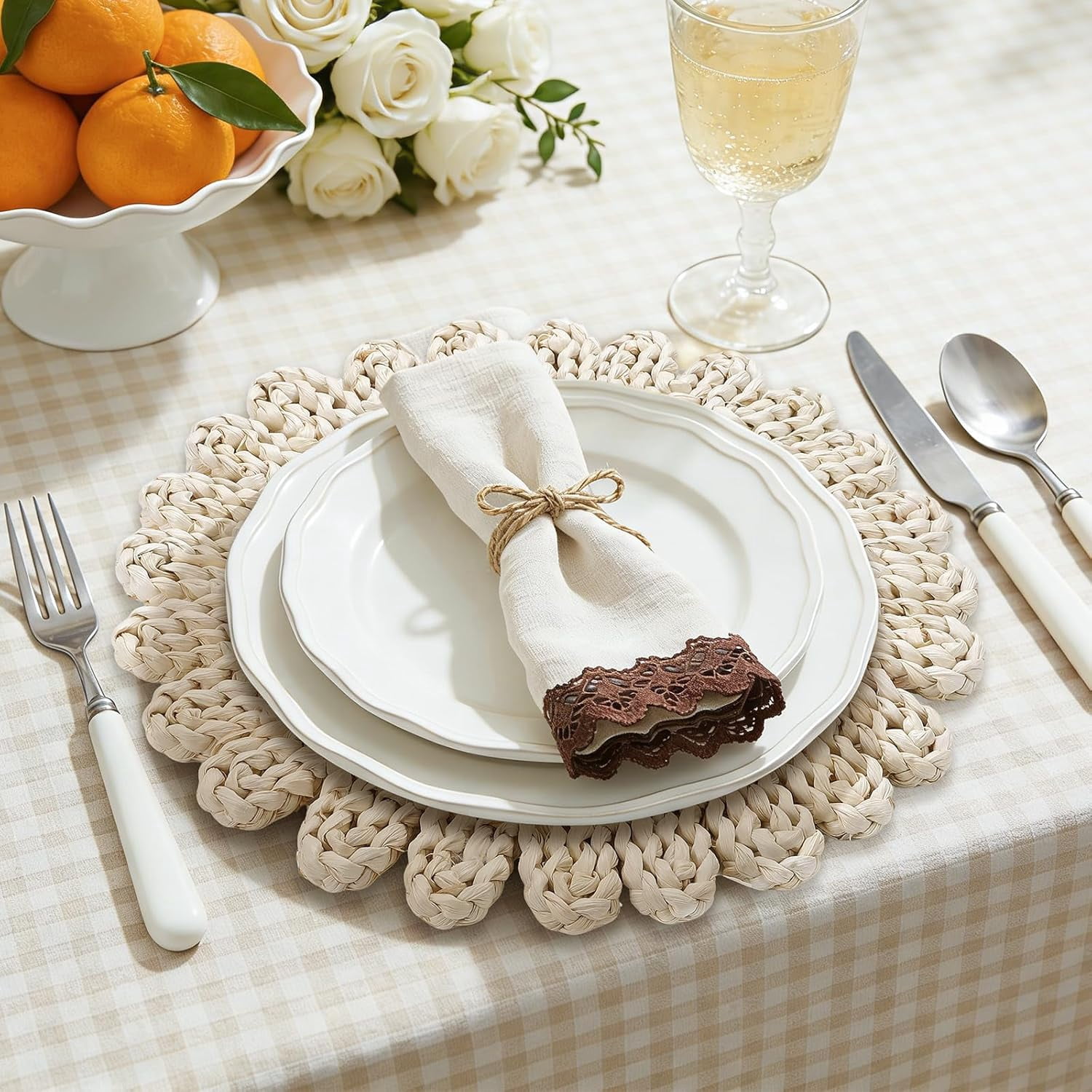 13 Inch Round Placemats Set of 8, Corn Husk Woven Rustic White Place ...