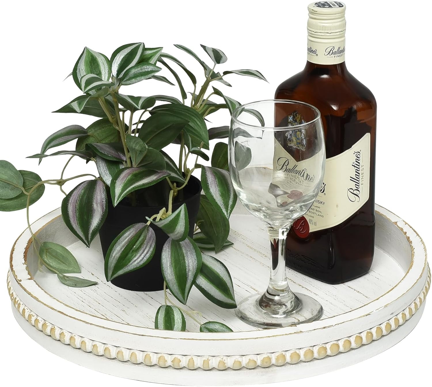 13-Inch Round Wooden Tray Rustic Whitewashed Serving Platter for Coffee ...