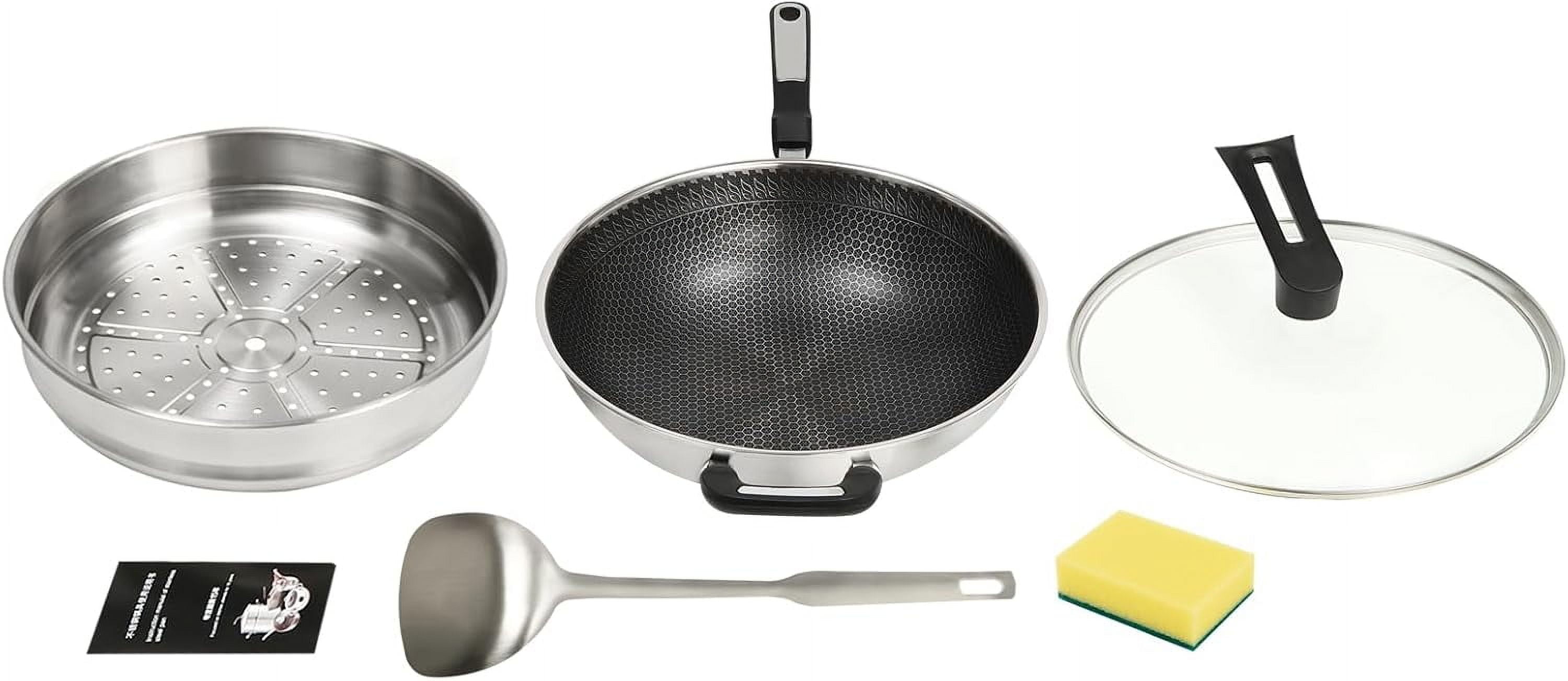 13 Inch Stainless Steel Wok Pan with Lid, Coating Woks & Stir-fry Pans ...