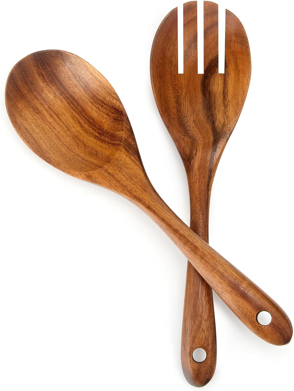 13-Inch Teak Wood Salad Spoon and Fork, Large Wooden Salad Serving Spoon and Spork Pack of 2 ...