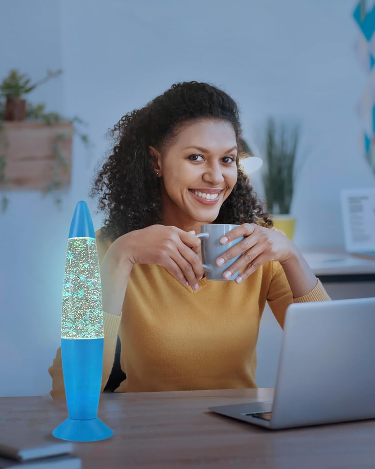 13 Inches Blue Glitter Lamp with Hexagonal and Pentagonal Sparkles ...