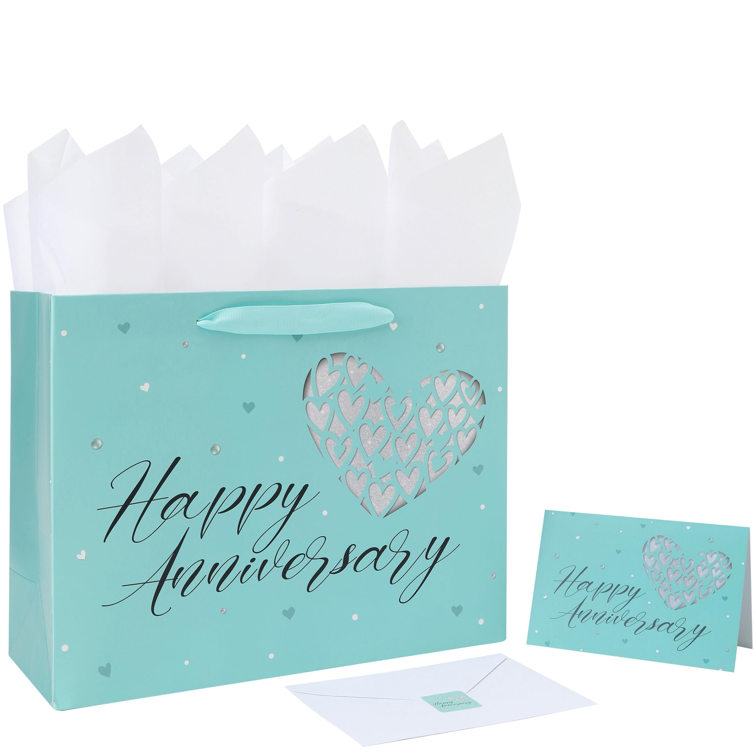 13” Large Anniversary Green DEF29 Gift Bag Set with Handles, Greeting ...