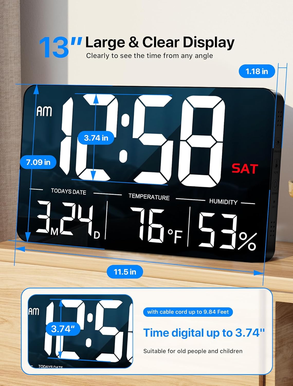 13" Large Display Digital Wall Clock, Adjustable Brightness Calendar ...