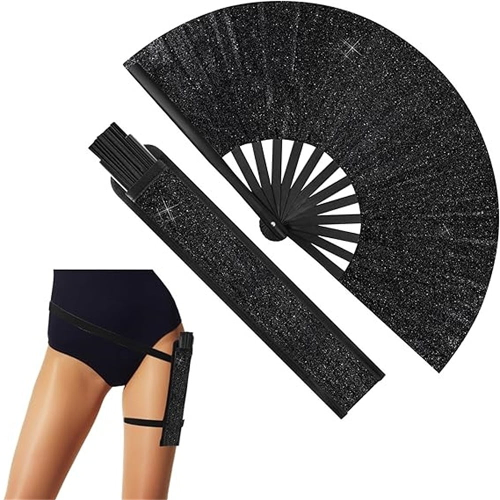 13“ Large Folding Fan,Glitter Rave Hand Fan,Clack Handheld Fan with Leg Strap and Fabric Case ...