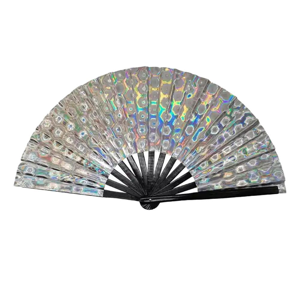 13" Large Glitter Holographic Rave Hand Fan,Folding Hand Classic Style ...