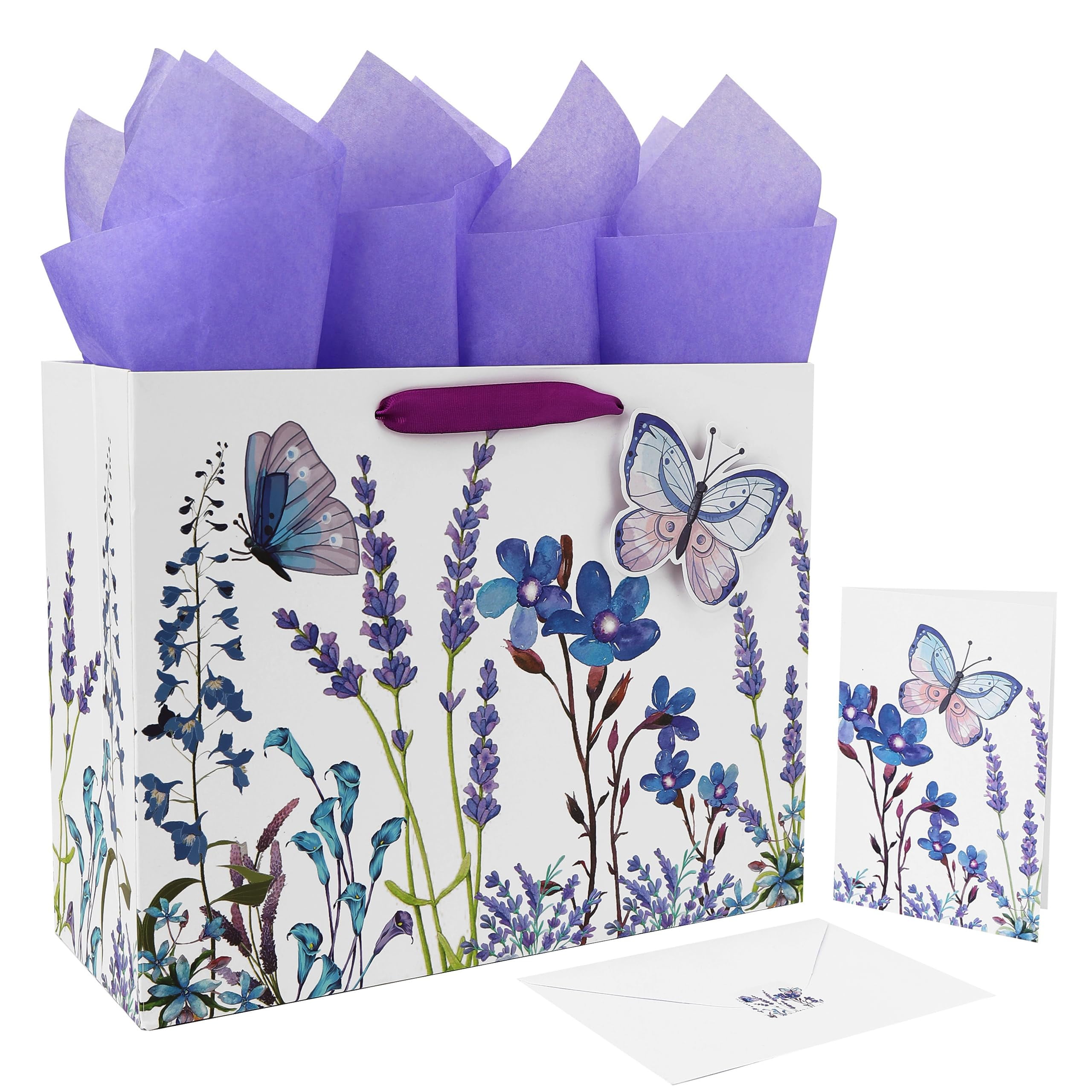 13" Large Purple Gift Bag Set with Greeting Card and Tissue Paper ...