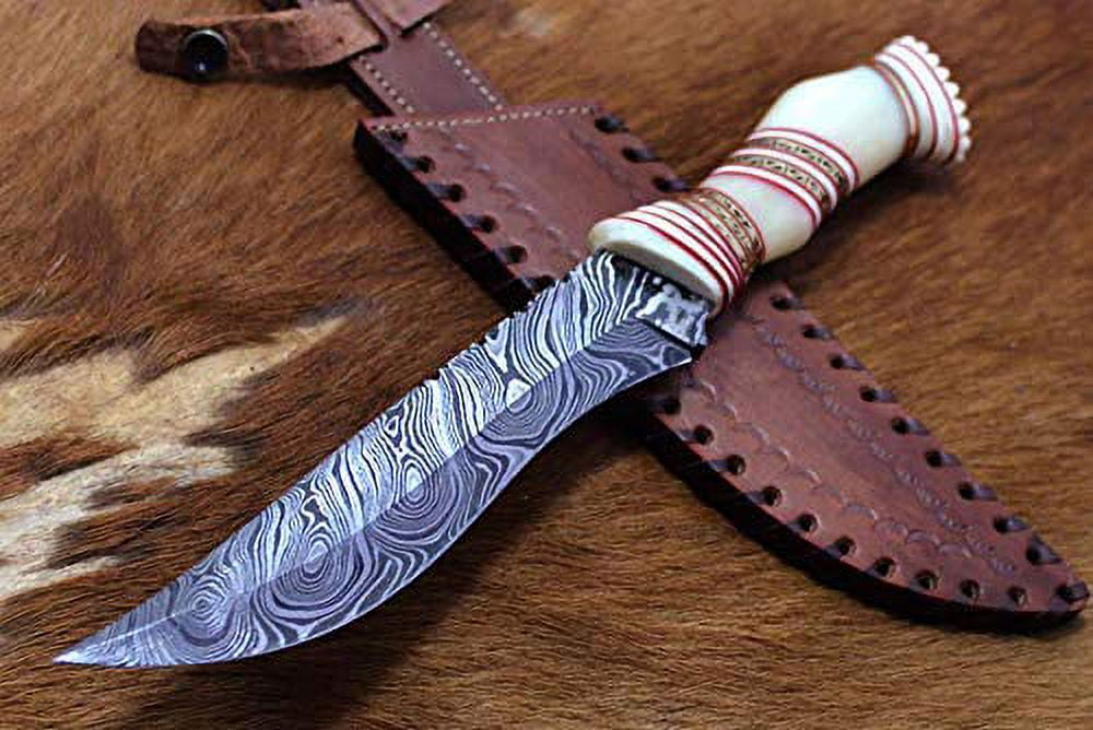 13" Long Hand Forged Damascus Steel Skinning Knife, Engraved Rose Wood Scale Crafted with ...