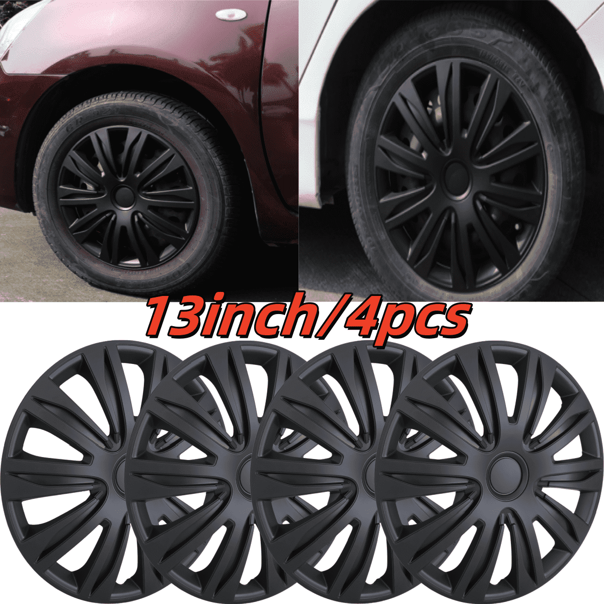 13" Matte Black Hubcaps/Wheel Covers for Most Cars,Set Of 4 Snap On Car ...