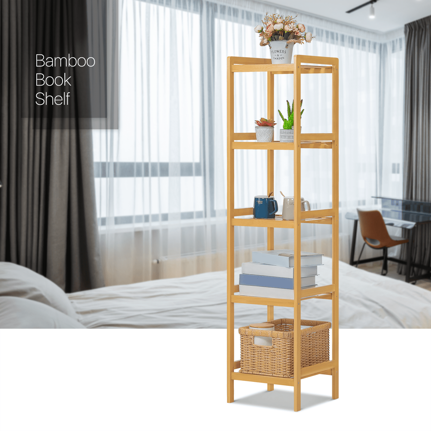 13" Natural Bamboo [FREESTANDING BOOKSHELF] Corner Bookcase Storage ...