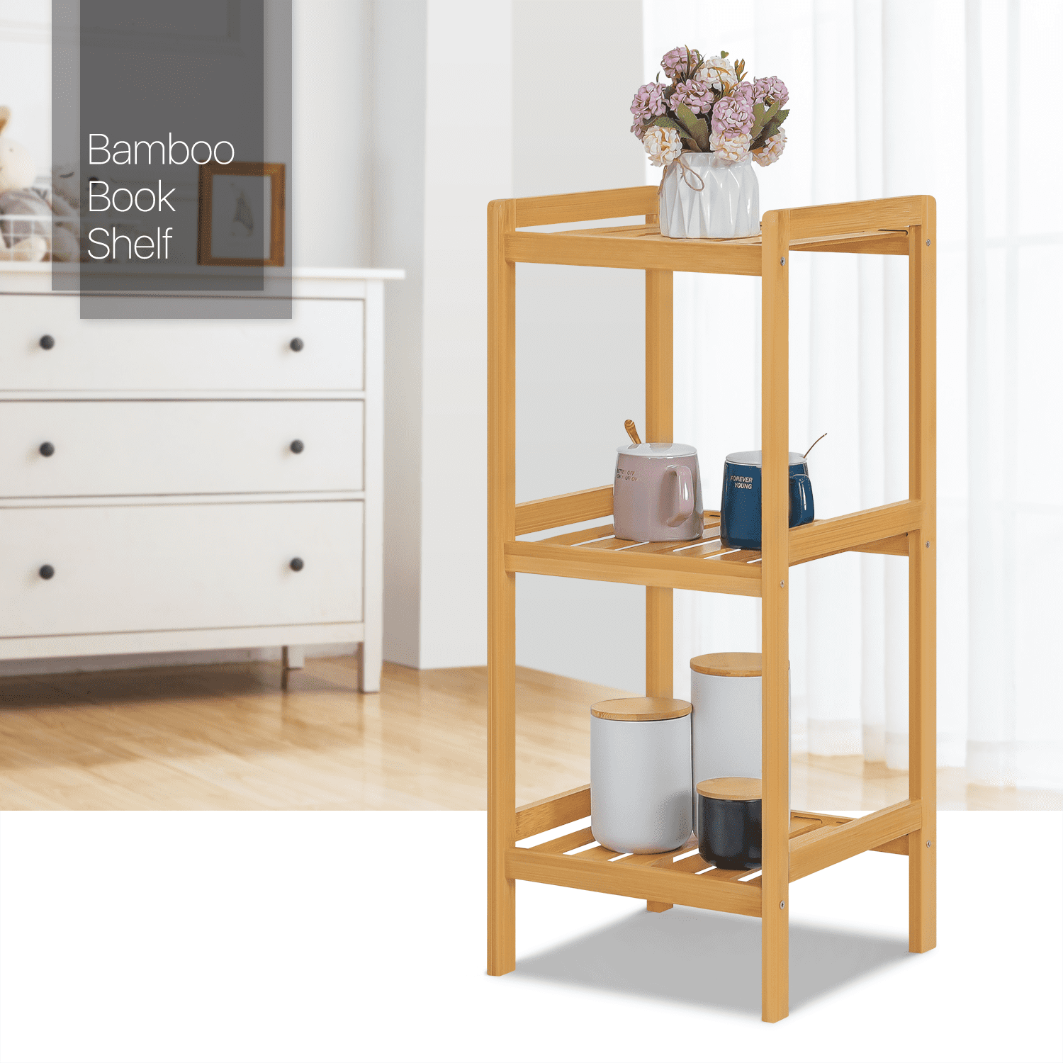 13" Natural Bamboo [FREESTANDING BOOKSHELF] Corner Bookcase Storage ...