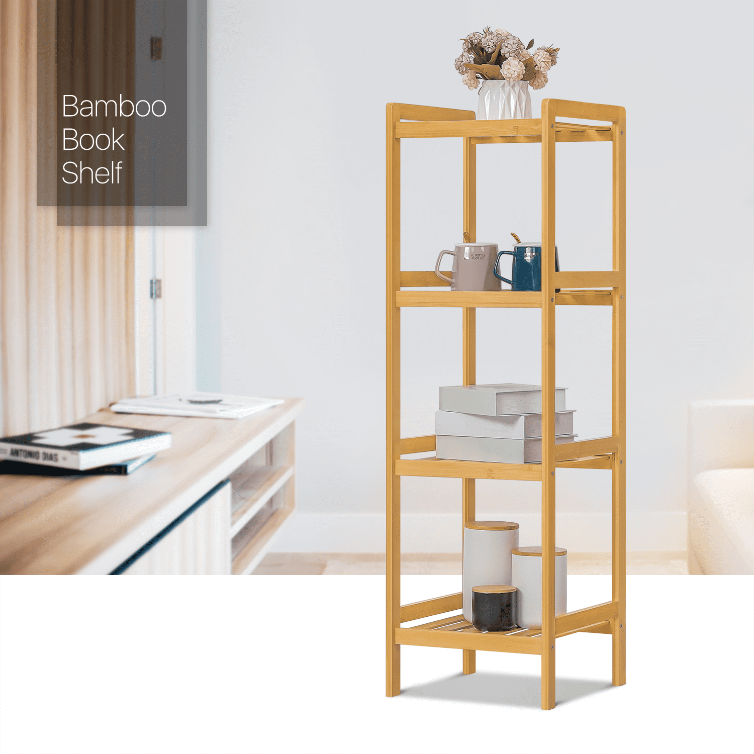 13"Natural Bamboo [STORAGE STAND] 4-Tier Open-Shelf Rack Vertical Book ...