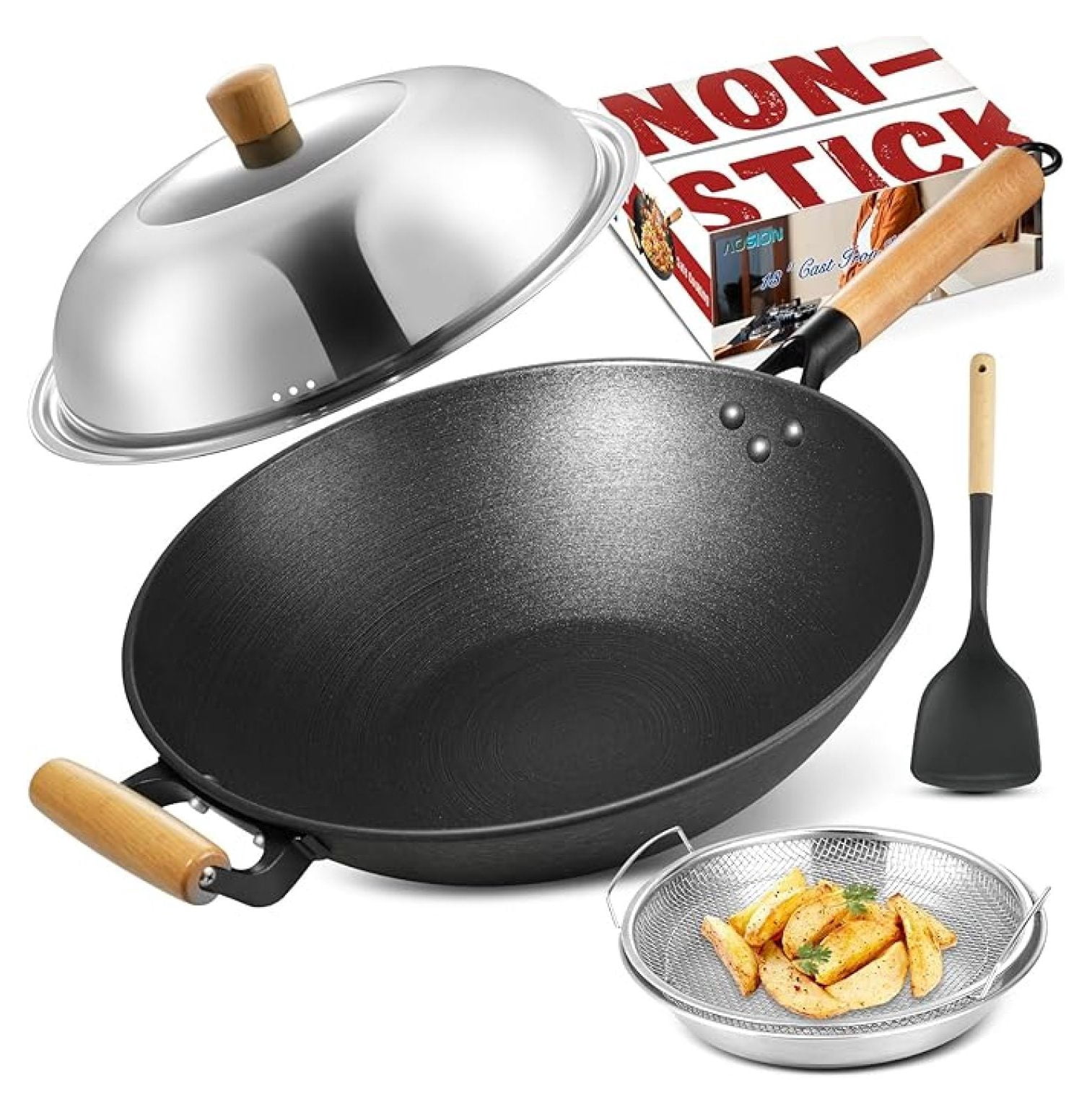 13'' Nonstick Wok, Cast Iron Wok with Lid, 5 PCS Wok Pan & Stir-Fry ...