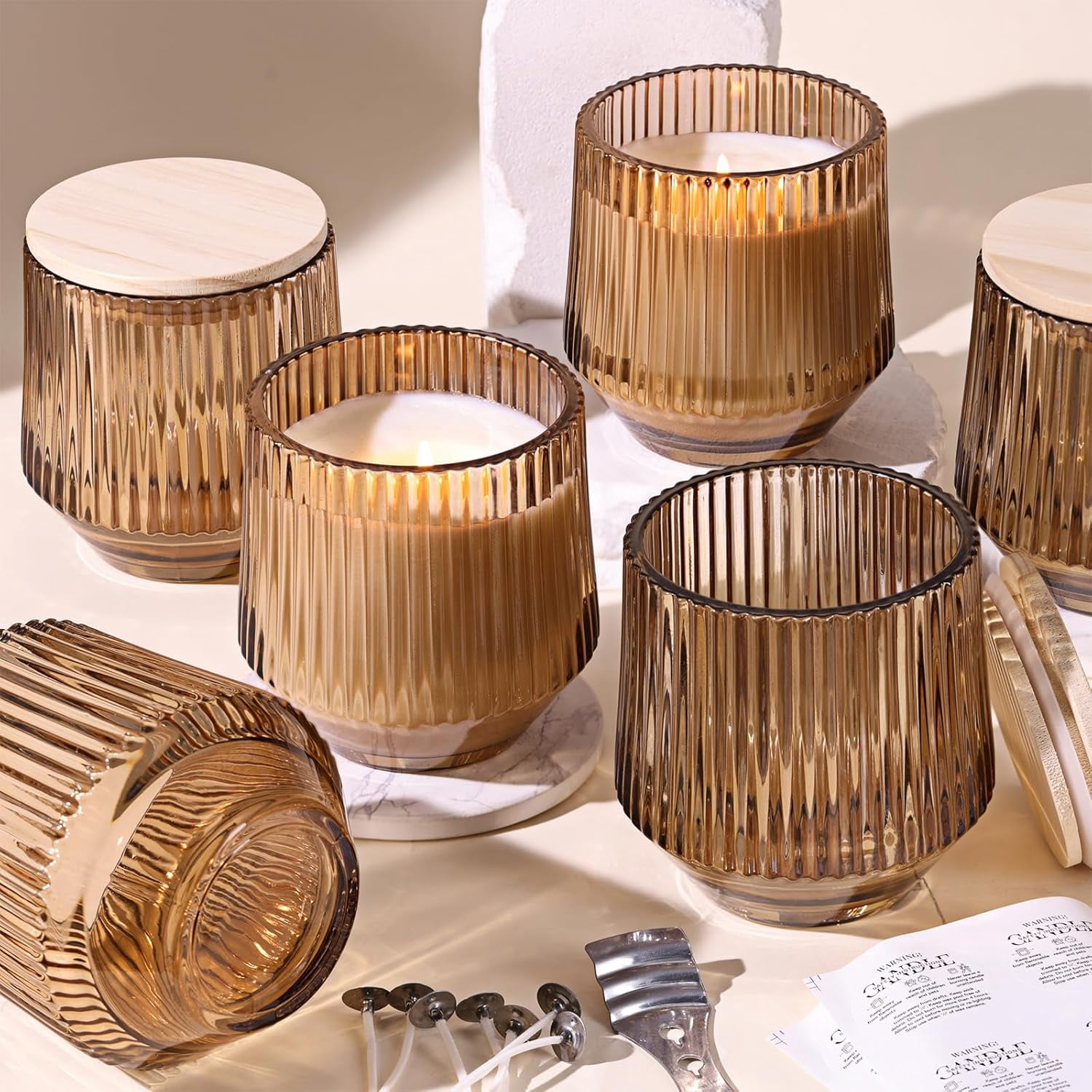13 OZ Candle Making Kit - 6 Pack Amber Ribbed Glass Jars With Bamboo ...