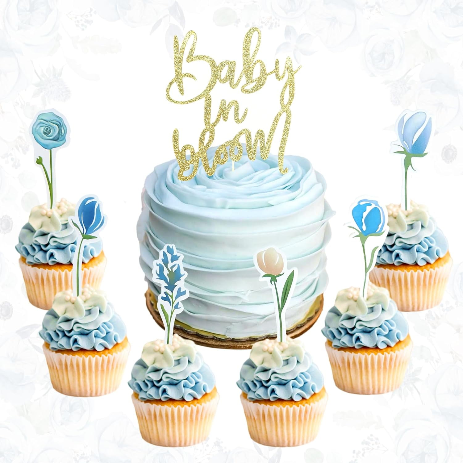 13 PCS Baby In Bloom Cake Toppers Blue Wildflower Cupcake Toppers for ...