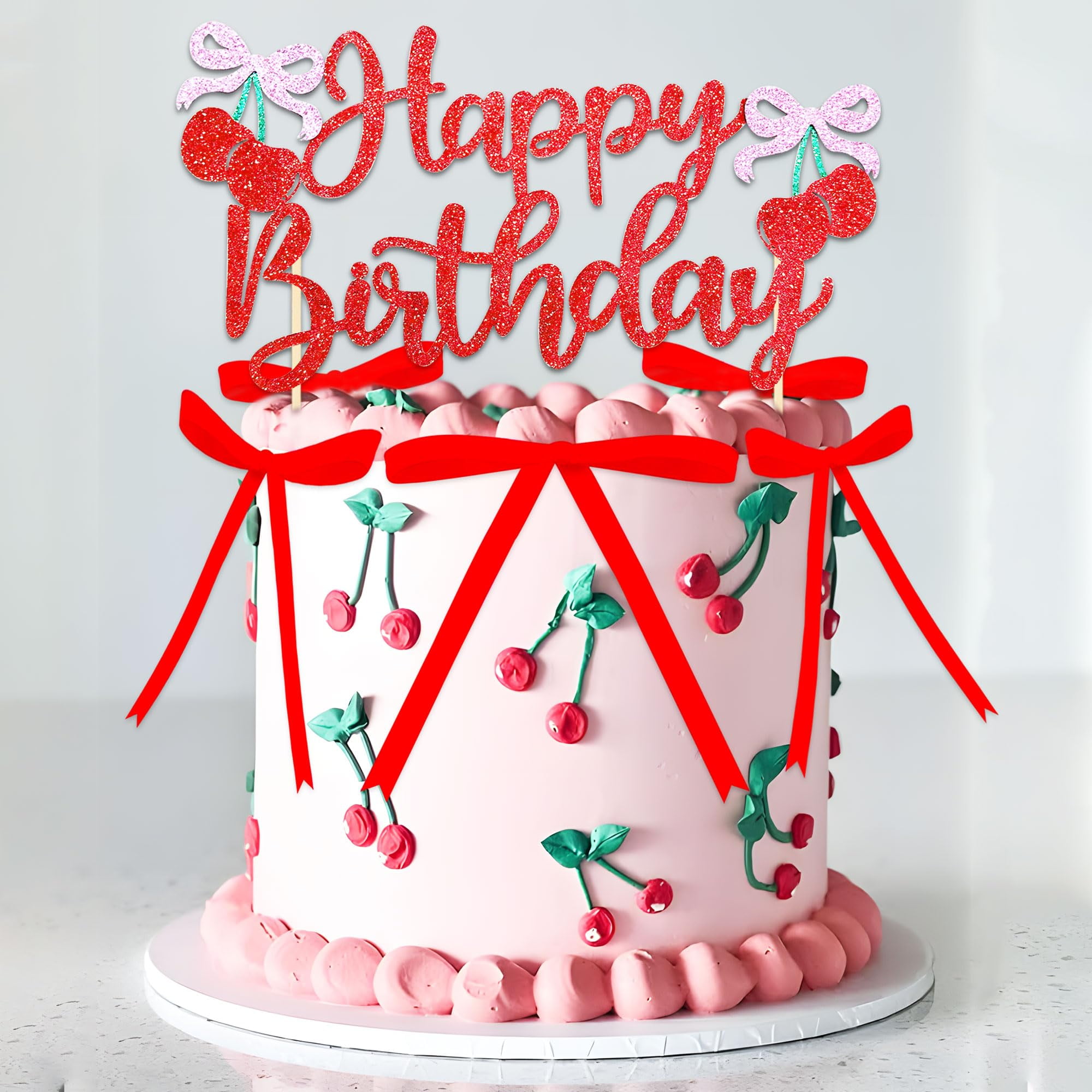 13 PCS Cherry Birthday Cake Decor Red MDH1Bow Cupcake Toppers She's The ...