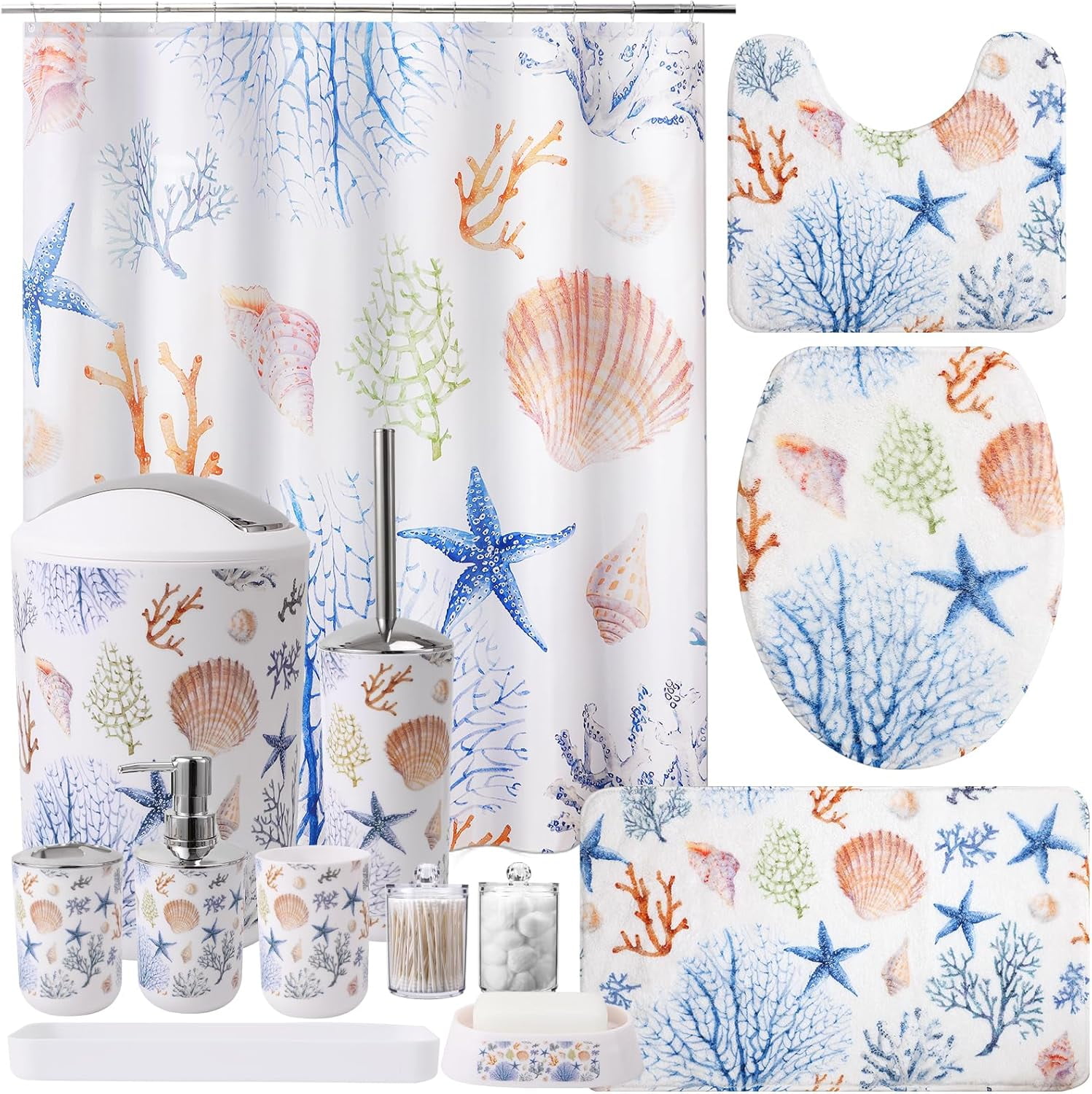 13 PCS Sea Bathroom Accessories Set with Shower Curtain, Bath Rugs ...