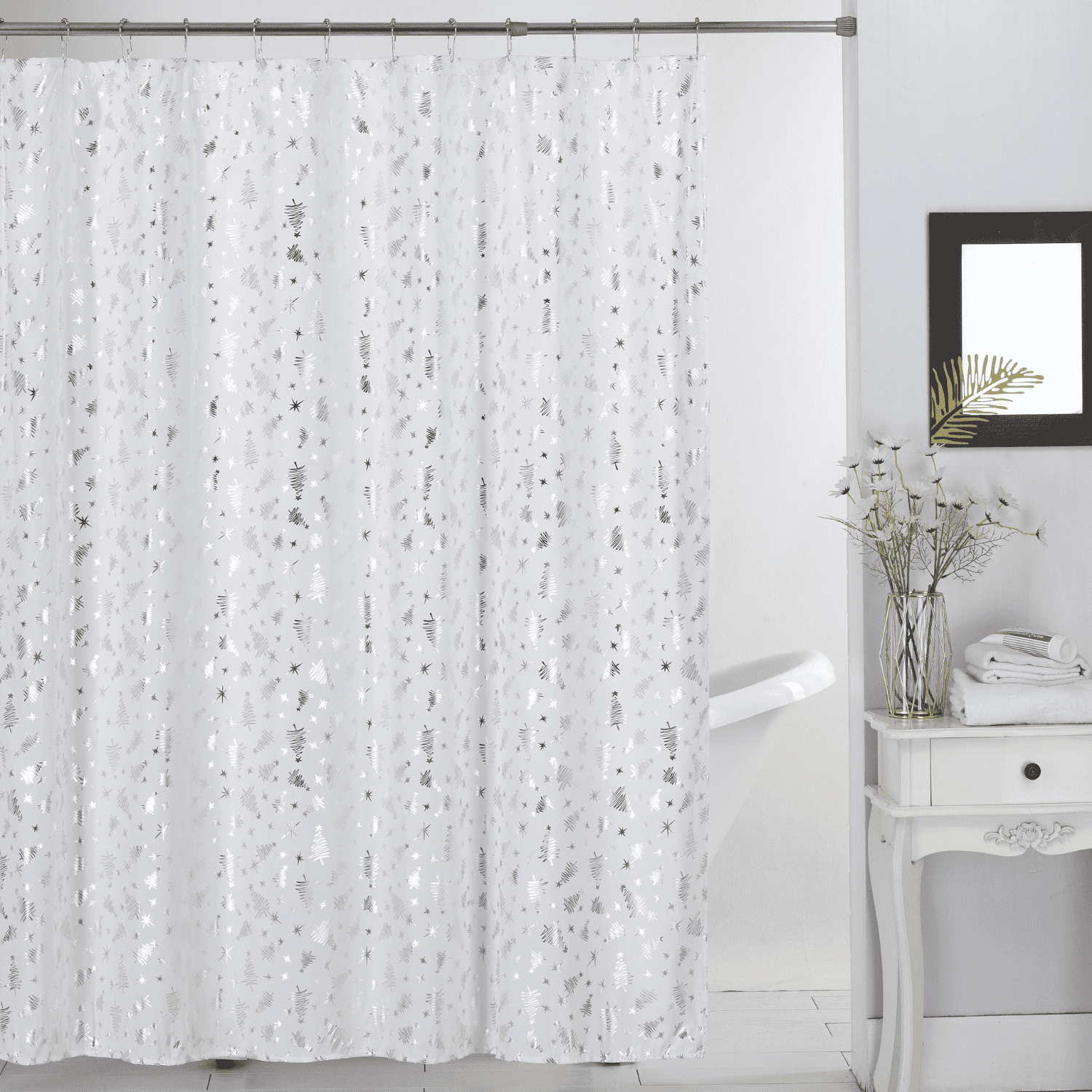 13 Pc Shining Christmas Microfiber Shower Curtain Set with Roller Hooks ...