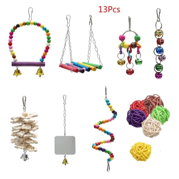 13 Pcs Bird Parrot Toys Include 7 Hanging Birds Cage Toys Hammock Swing ...