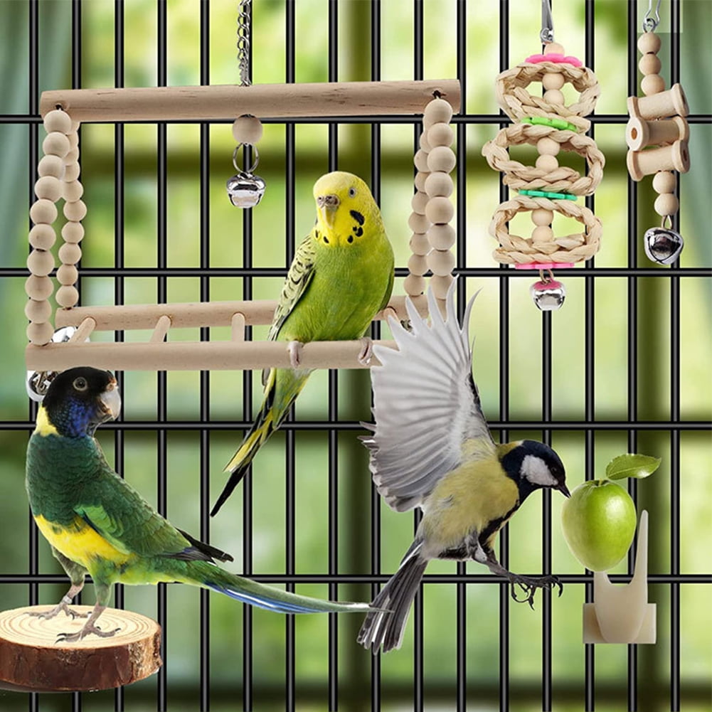 13 Pcs Bird Wooden Toy Set Perch Stand Swing Rattan Ball Parrot Chewing ...