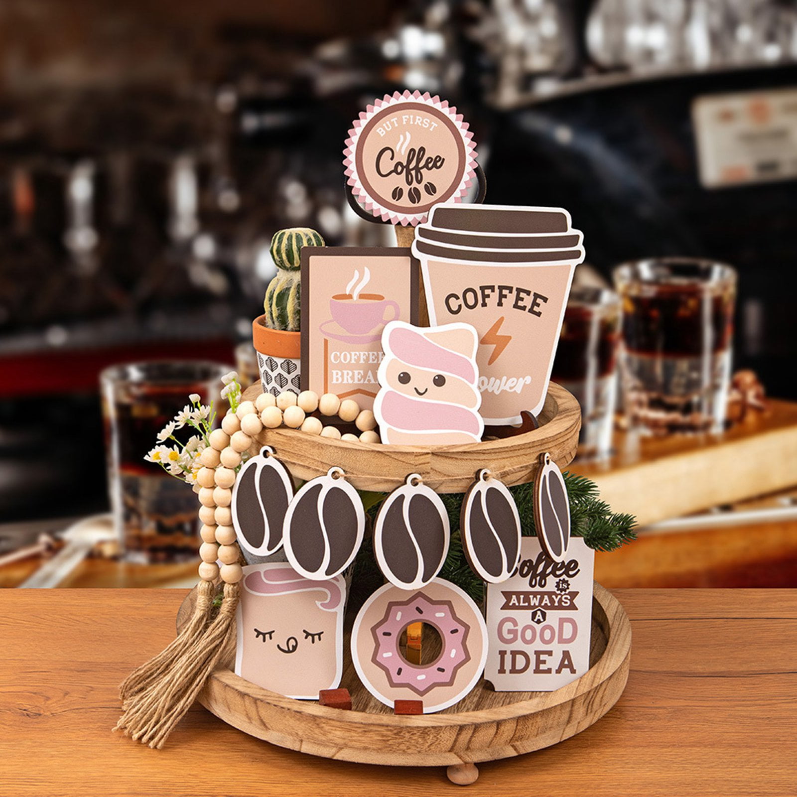 13 Pcs Coffee Tiered Tray Decor Set Coffee Bar Wooden Signs Coffee ...