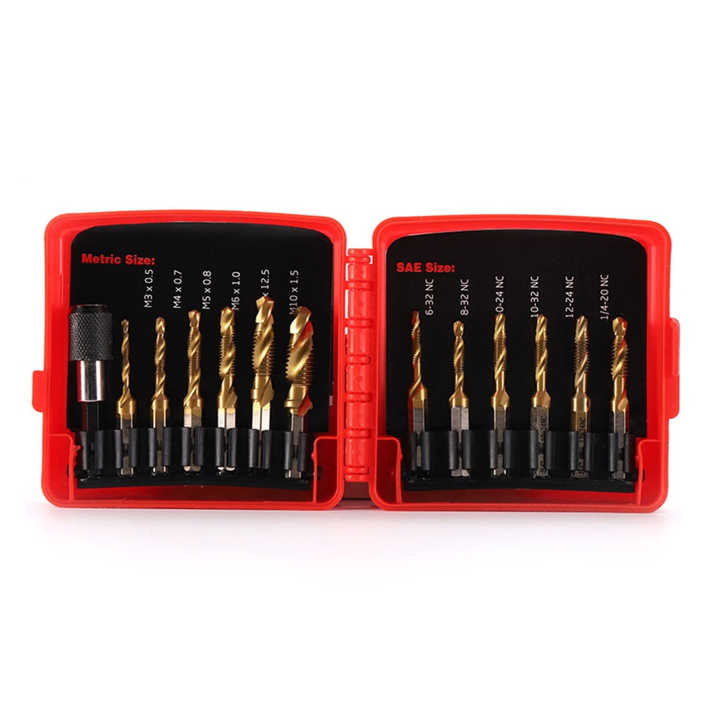 13 Pcs Drill and Tap Bit Set with Adapter Sae/Metric Titanium Coated ...