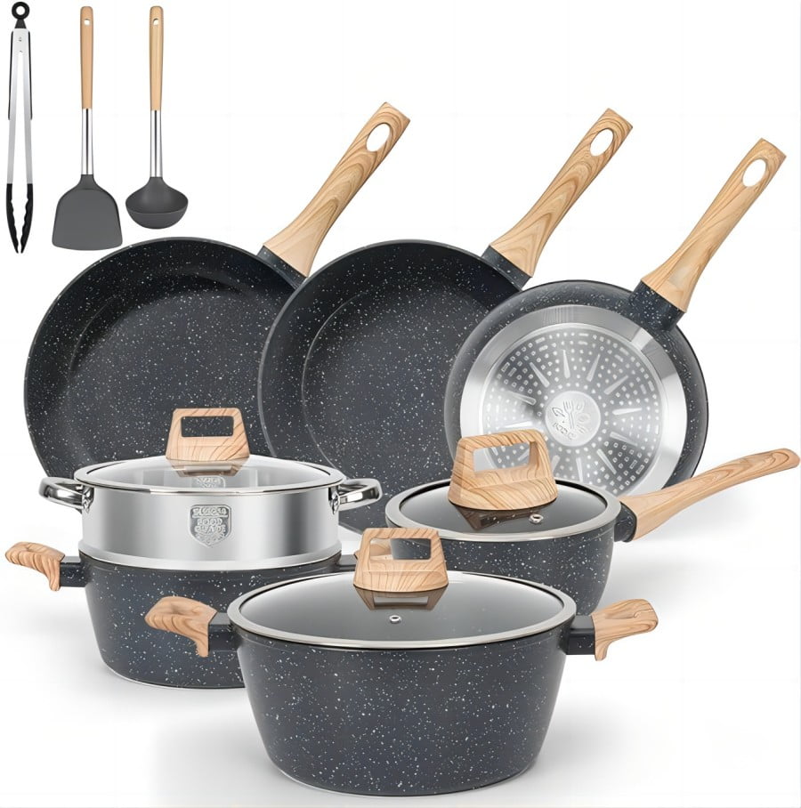 13 Pcs Granite Kitchen Nonstick Cookware Set, Frying Pan, Steamer ...