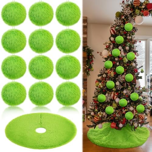 13 Pcs Green Furry Christmas Ball and Xmas Tree Skirt Set Include 12 ...