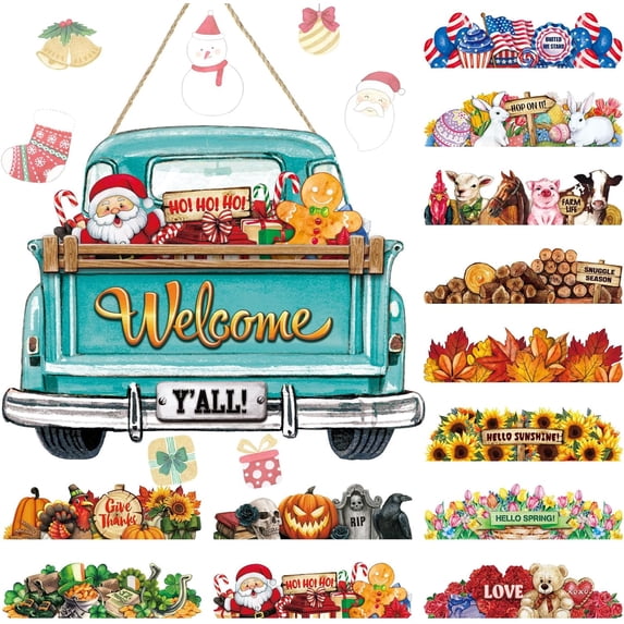 13 Pcs Interchangeable Welcome Sign Blue Truck Decor Hanging Sign ...