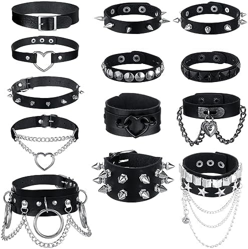 13 Pcs Leather Spike Choker Studded Bracelet Cuffs Set Gothic Punk Rock ...