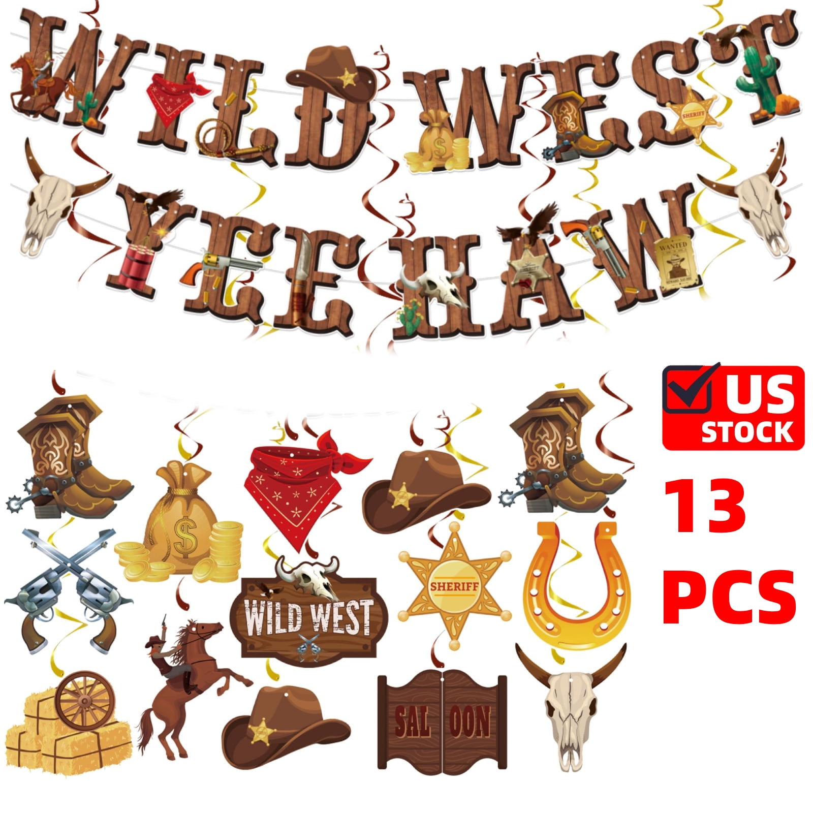 13 Pcs Western Party Decorations West Cowboy Banners Hanging Swirls ...
