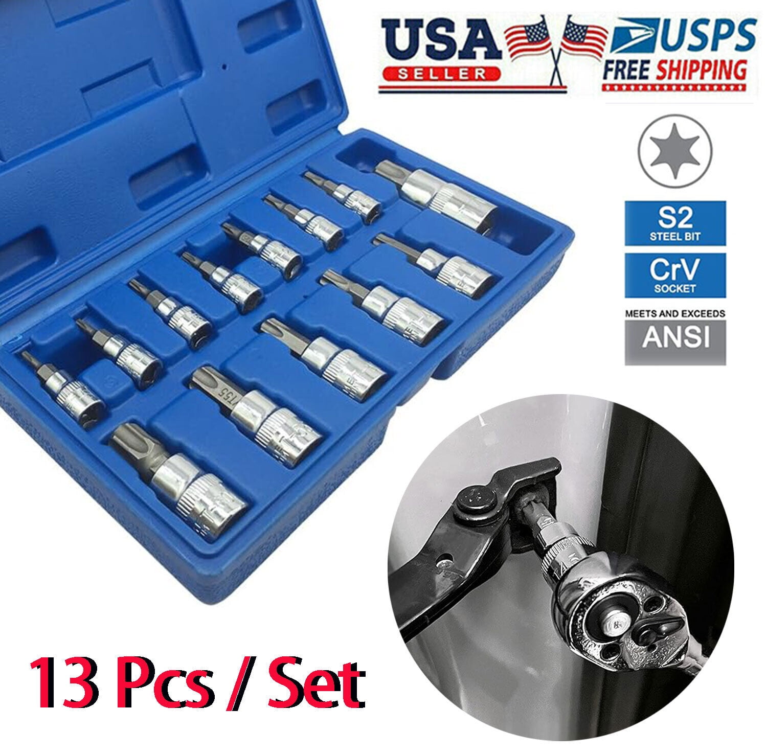 13-Piece 1/4-Inch, 3/8-Inch & 1/2-Inch Drive Torx Bit Socket Set, T8-T70, Torque Bit Set, Torx ...