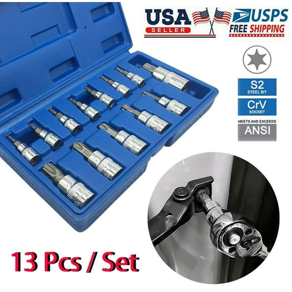13-Piece 1/4-Inch, 3/8-Inch & 1/2-Inch Drive Torx Bit Socket Set, T8 ...