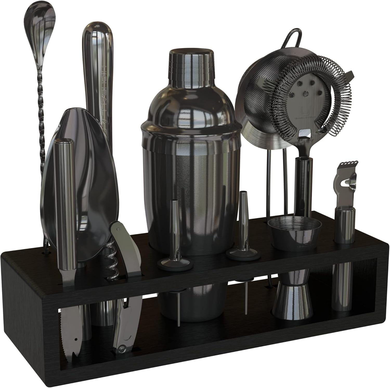 13-Piece Cobbler Cocktail Shaker Set: Black Polished Stainless Steel Bartender Kit For Home Bar ...