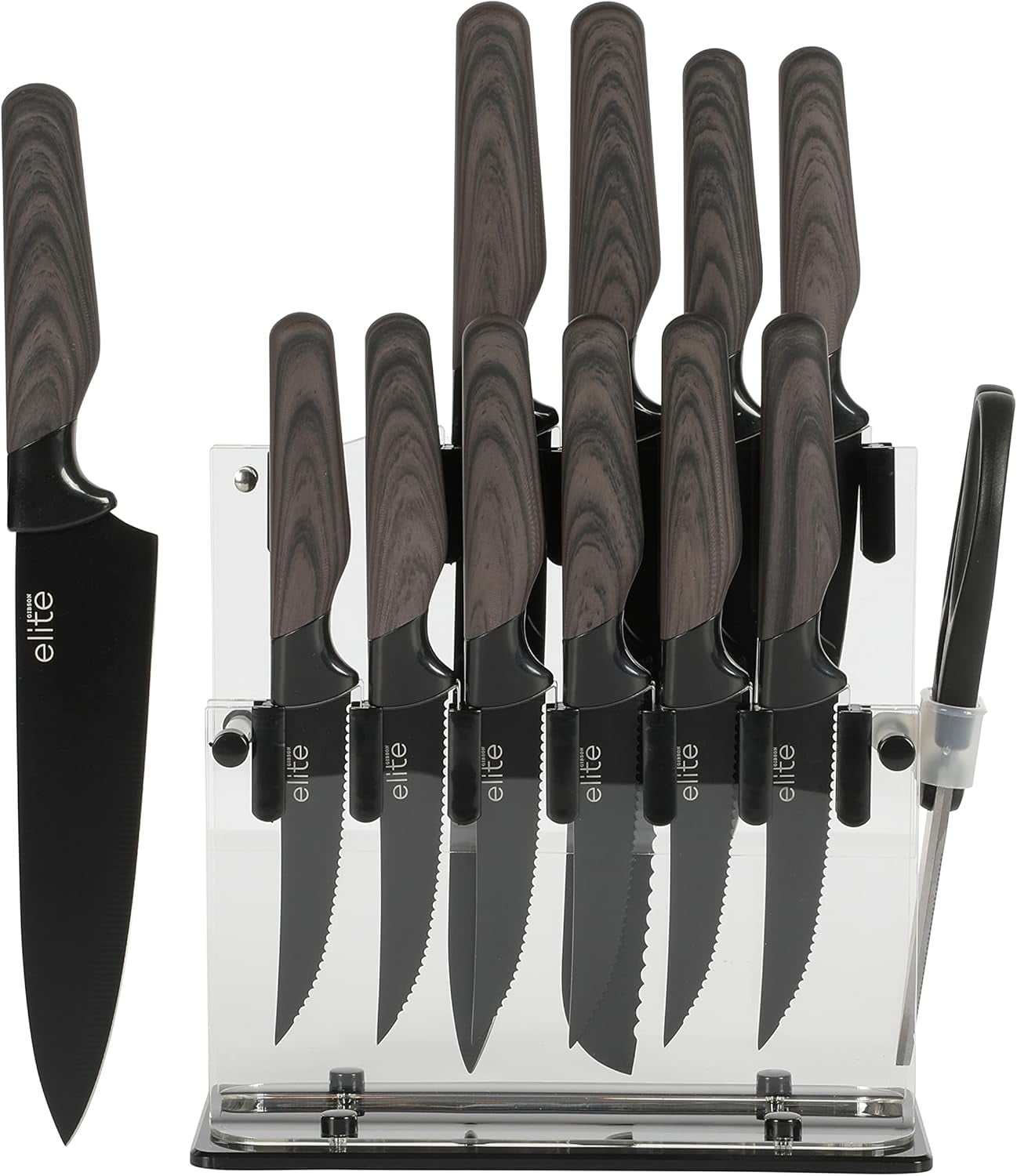 13 Piece Cutlery Set w/Acrylic Wood Block and Wood Soft Touch Handles ...