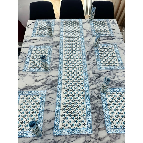 13-Piece Hand-Printed Cotton Dining Table Set – 6 Placemats, 6 Napkins ...