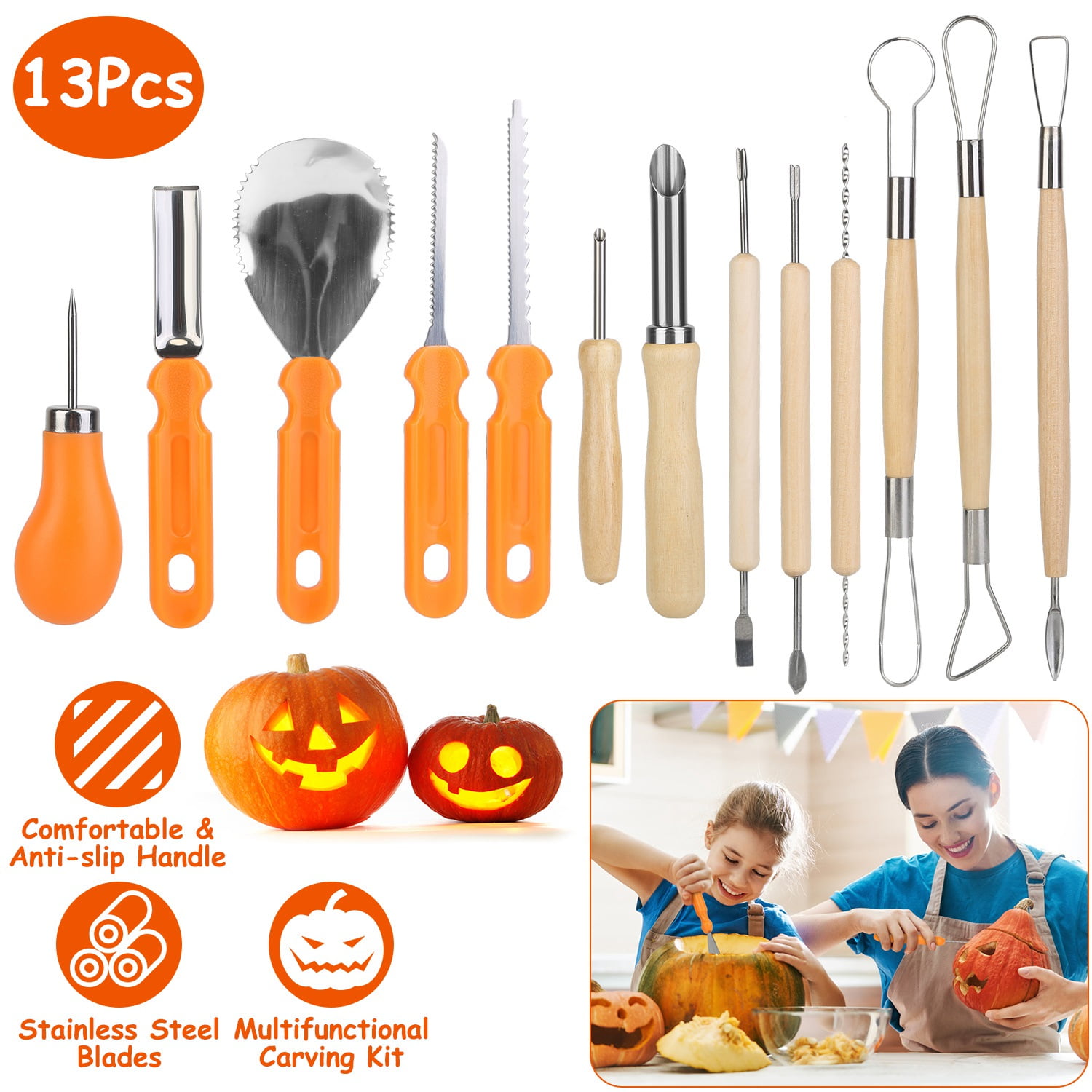 13-Piece Pumpkin Carving Kit - All-in-One Halloween Jack-O-Lantern Tool ...