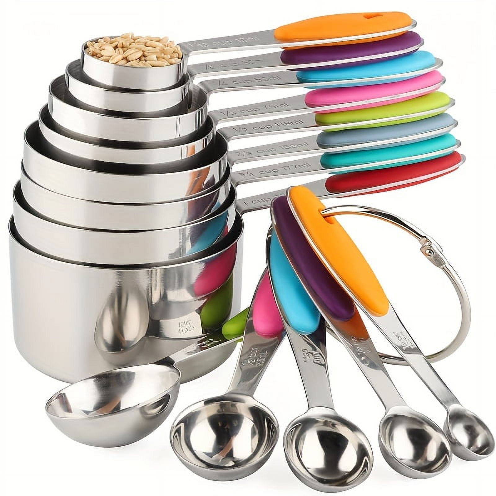 13-Piece Stainless Steel Measuring Cup & Spoon Set - Nesting, Silicone ...