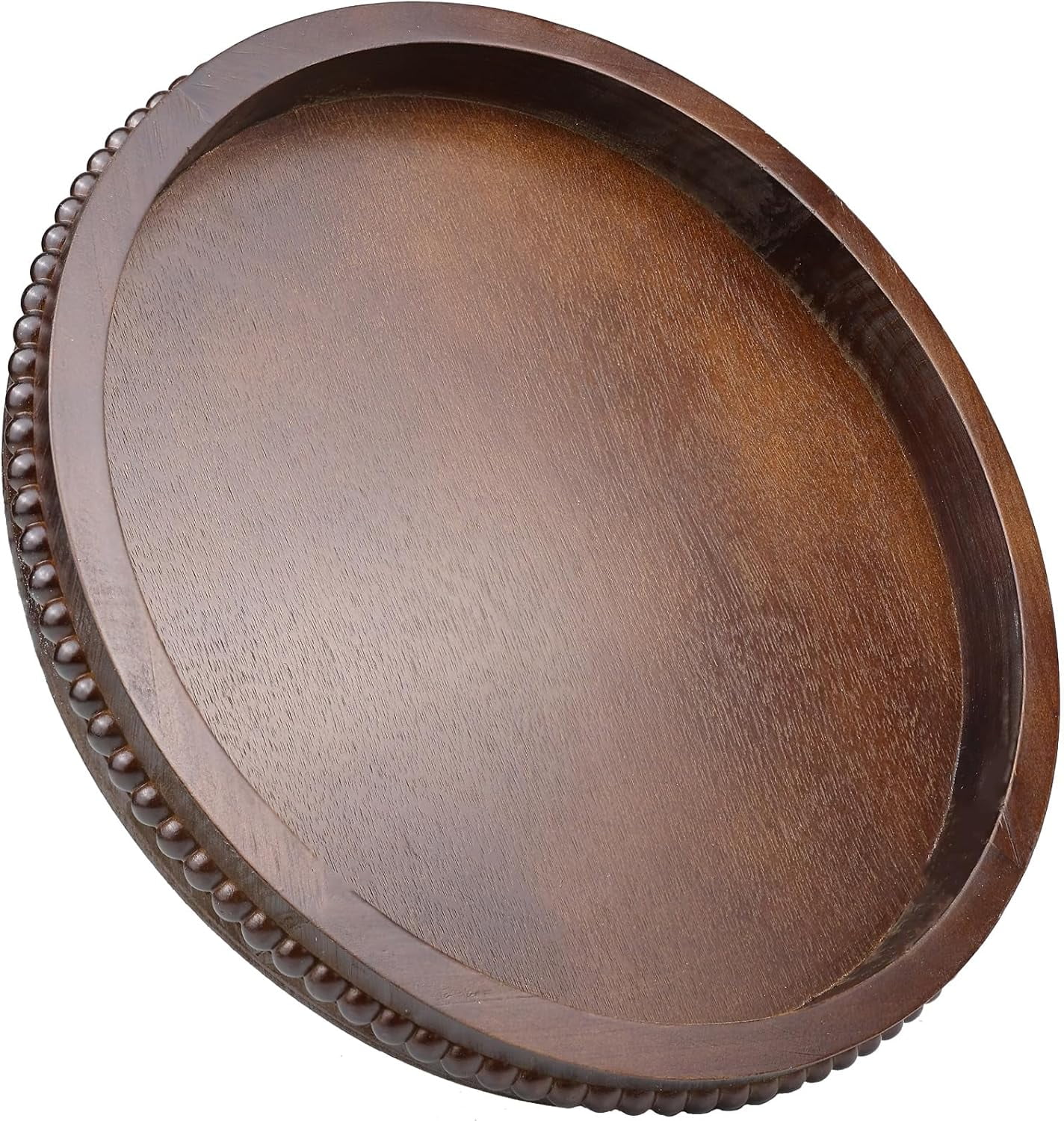 13” Round Vintage Wooden Serving Tray with Bead Detail - Dark Brown ...