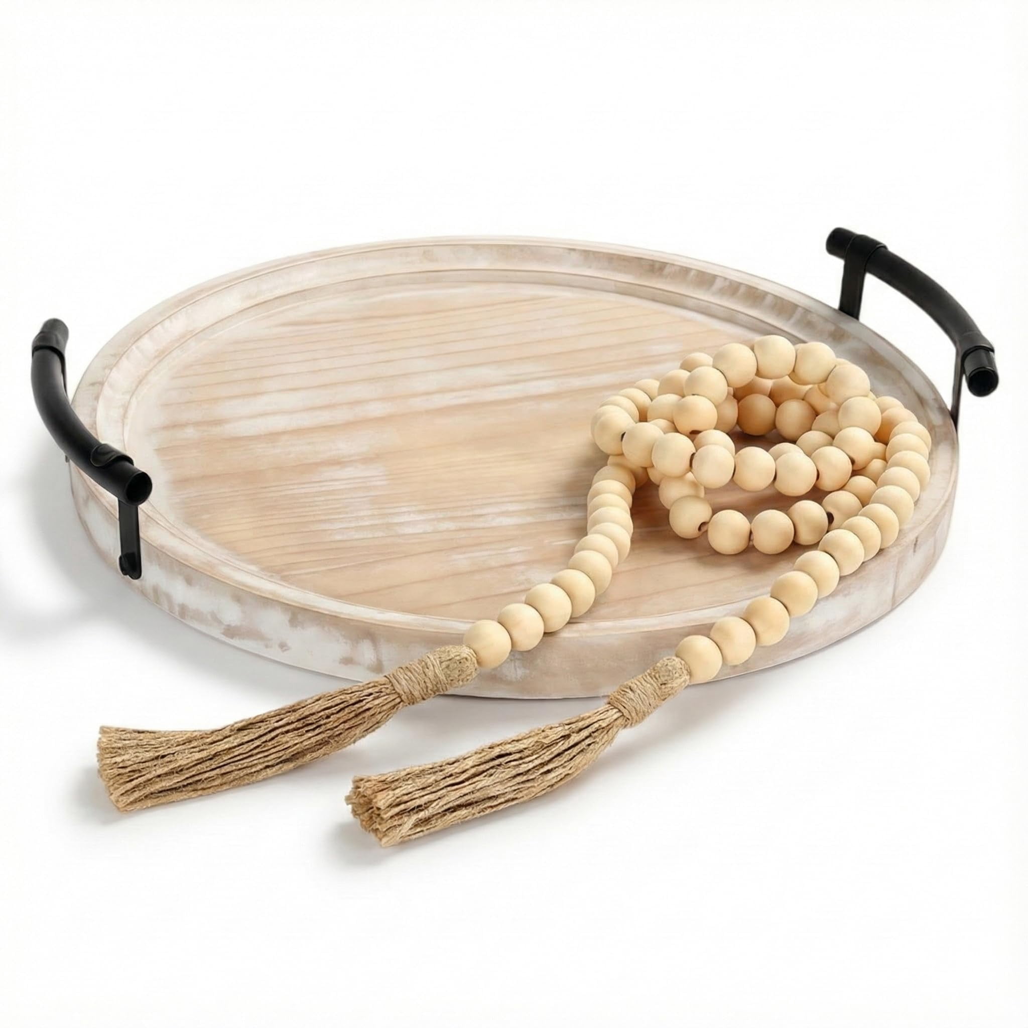 13" Round Whitewashed Wood Decorative Tray With Handles For Coffee ...