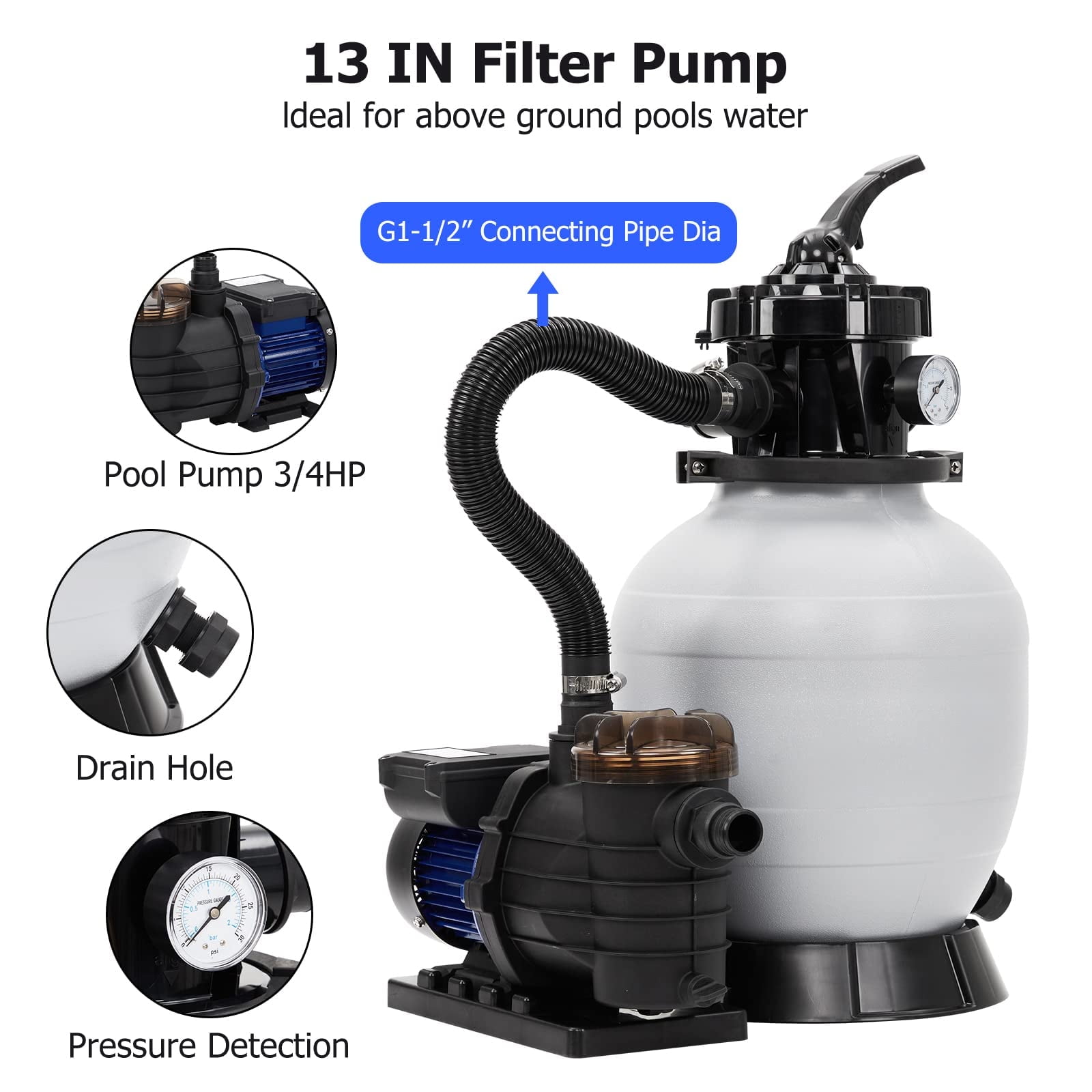 13" Sand Filter Pump - 2Lb Filter Ball, 3434GPH 3/4HP Pool Sand Filter ...