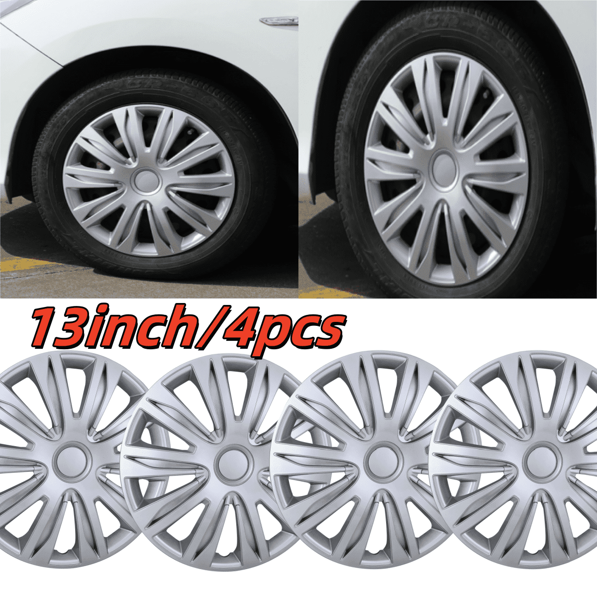 13" Silver Hubcaps Wheel Covers for Most Cars,Set Of 4 Snap On Car ...