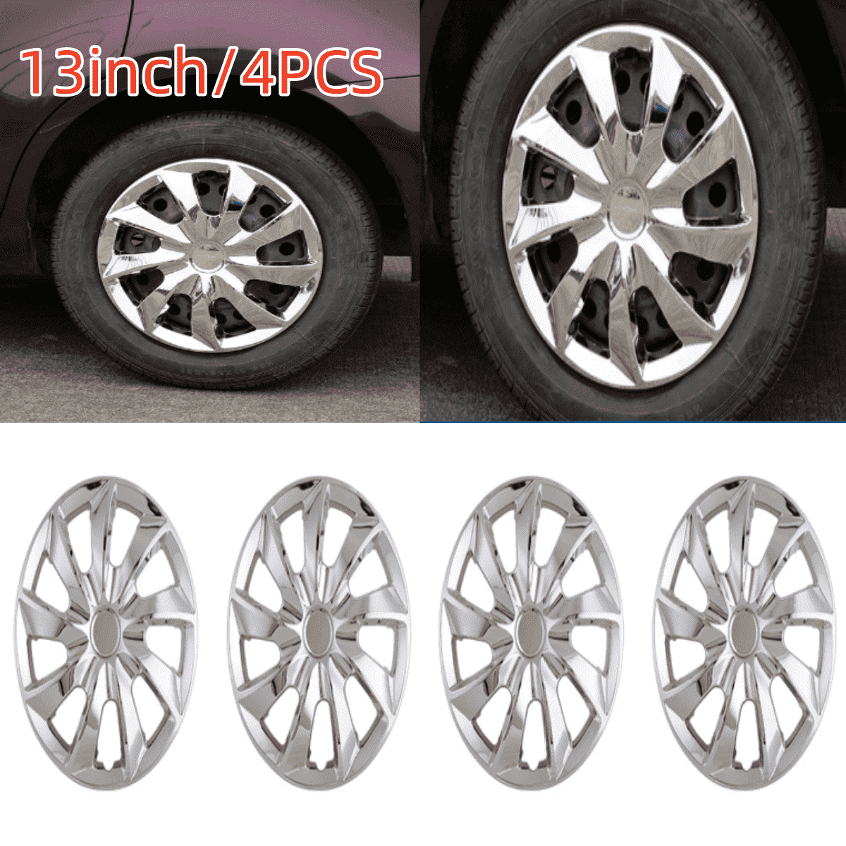 13" Silver Hubcaps Wheel Covers for Most Cars,Set of 4 Snap on Car ...