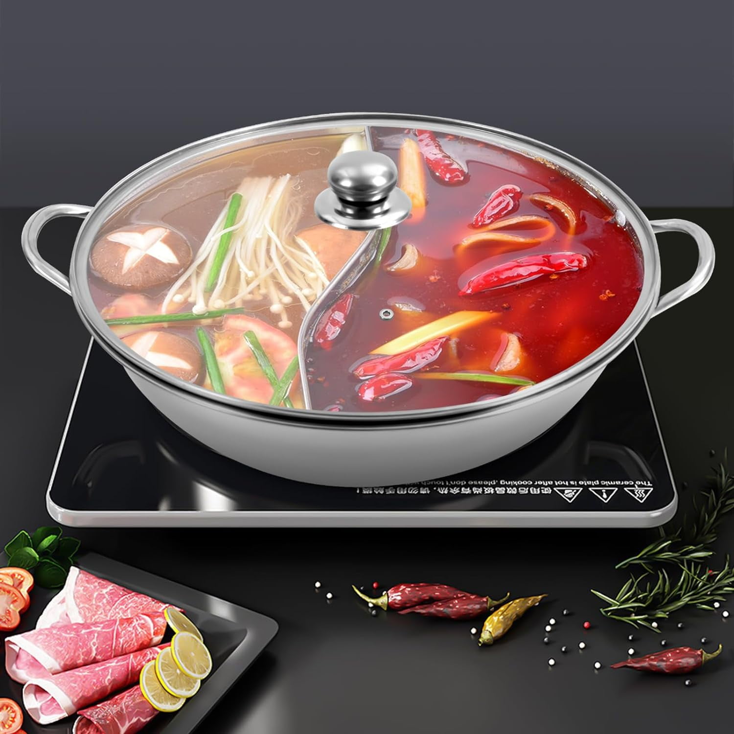 13 In Stainless Steel Hot Pot with Divider, Shabu Shabu Hot Pot with ...