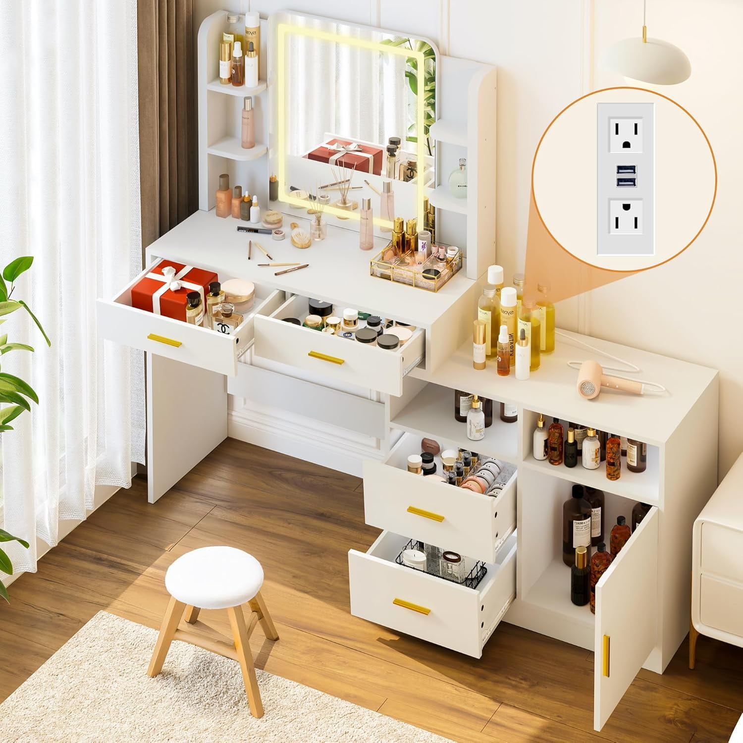 13 Storage Vanity Desk with Lighted Mirror, Makeup Vanity with Power ...
