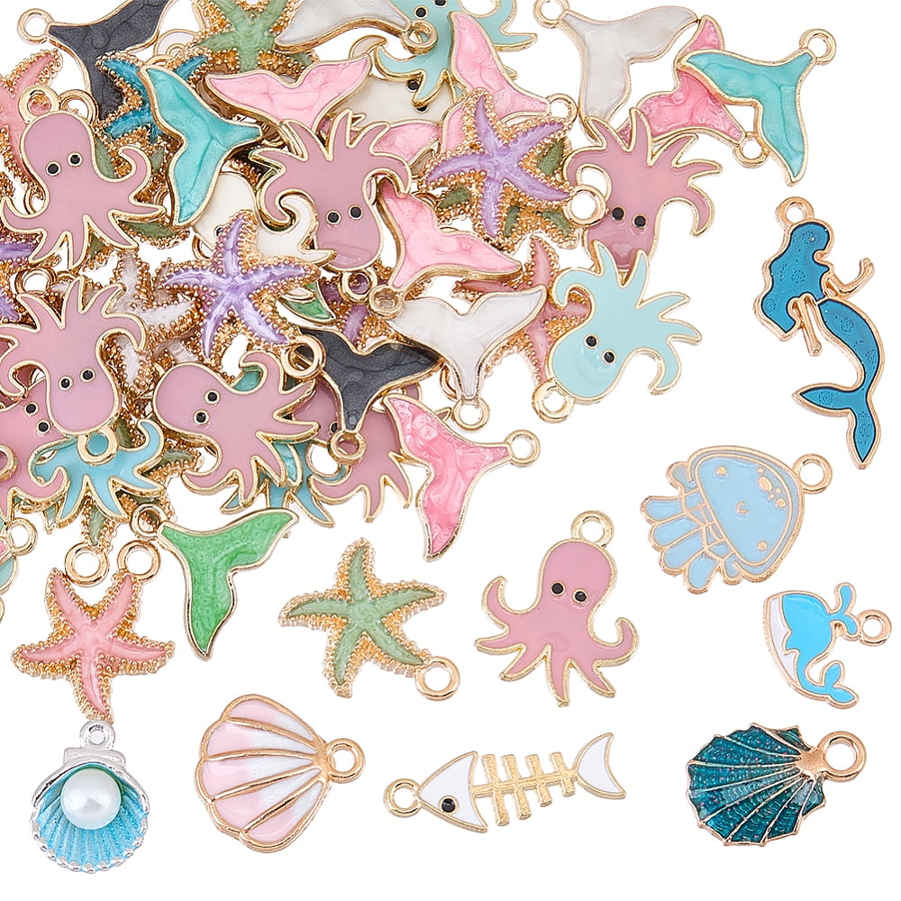 13 Styles Ocean Theme Alloy Enamel Pendants Mixed Shapes Light Gold ...