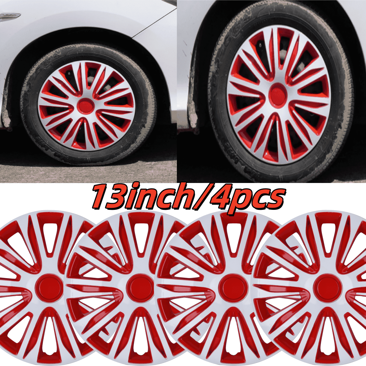 13" White & Red Hubcaps/Wheel Covers for Most Cars,Set Of 4 Snap On Car ...